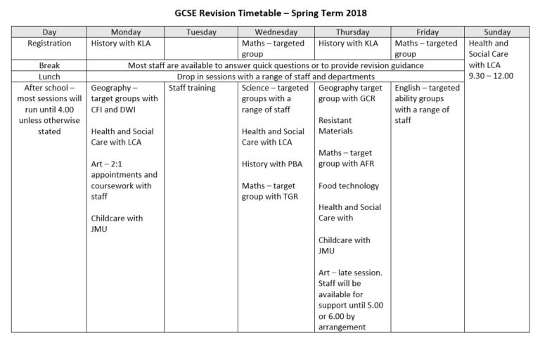 After School GCSE Revision Timetable 2018 - Workington Academy