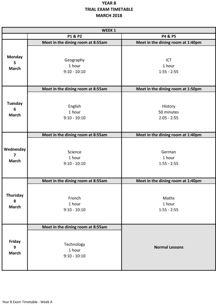 Year 8 Exam Overview Timetable - Workington Academy