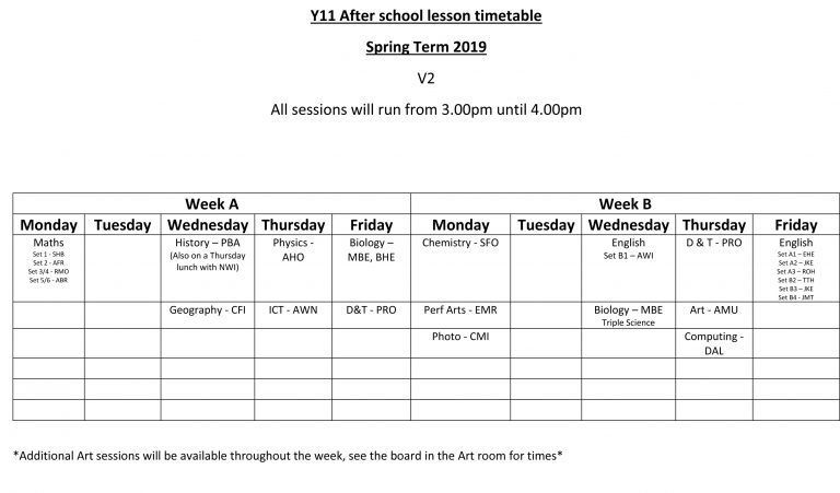 Year 11 After school lesson timetable - Workington Academy